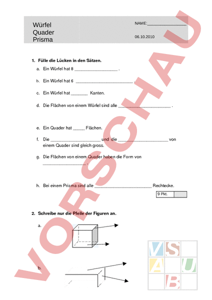 Arbeitsblatt: Prüfung Würfel-Quader-Prisma - Geometrie - Körper / Figuren