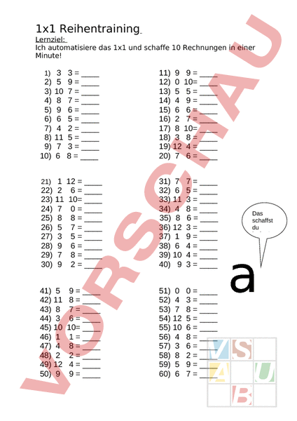 Arbeitsblatt: 1x1 Reihentraining - Mathematik - Multiplikation