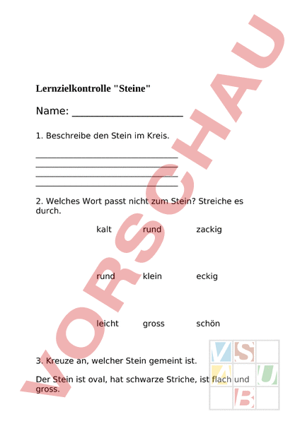 Arbeitsblatt: Lernzielkontrolle Steine - Lebenskunde - Gemischte Themen