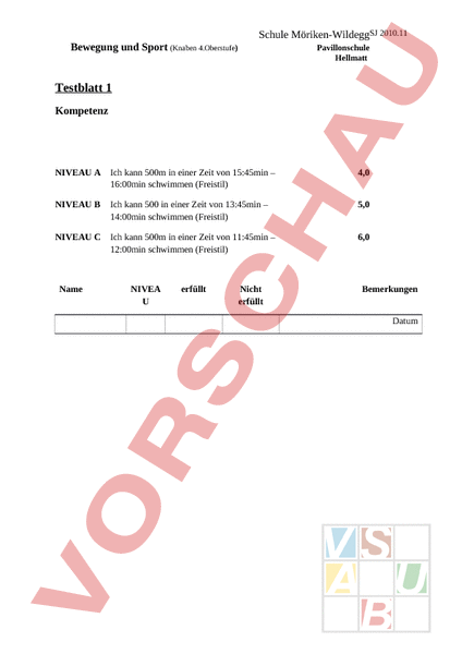 Arbeitsblatt: Testblatt Schwimmen 500m - Bewegung / Sport - Kondition