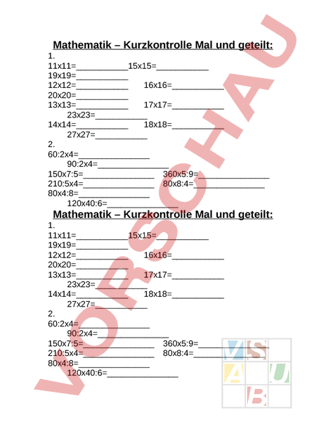 Arbeitsblatt: Kurzkontrolle Mal Geteilt - Mathematik - Multiplikation
