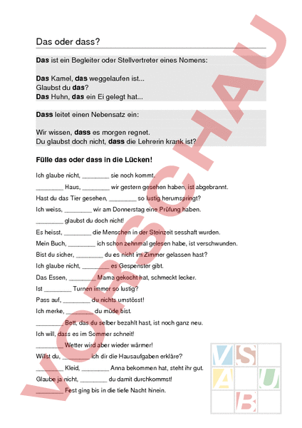 Arbeitsblatt: Das oder dass? - Deutsch - Grammatik