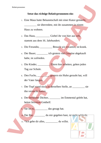 Arbeitsblatt: Übungsblatt Relativpronomen - Deutsch - Grammatik
