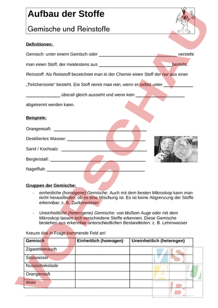 Arbeitsblatt: Chemie Gemische - Chemie - Gemischte Themen