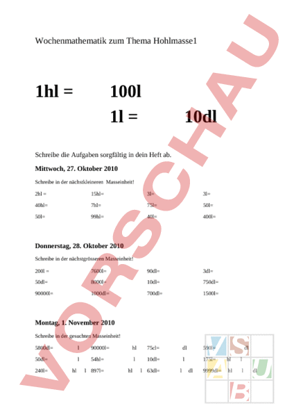 Arbeitsblatt: Hohlmasse - Mathematik - Sachrechnen / Grössen
