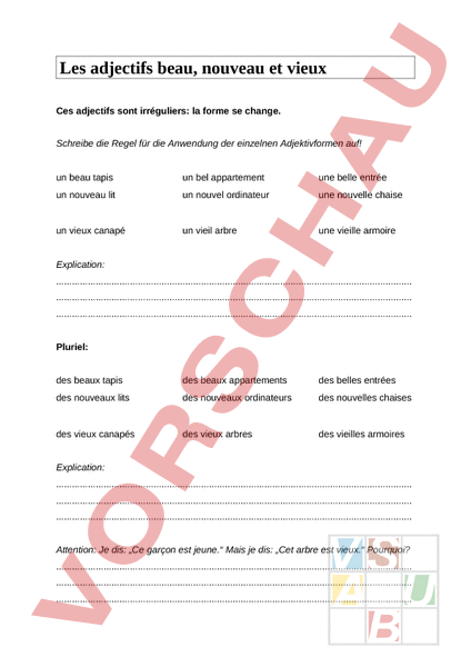 Arbeitsblatt: Adjectifs - Französisch - Grammatik