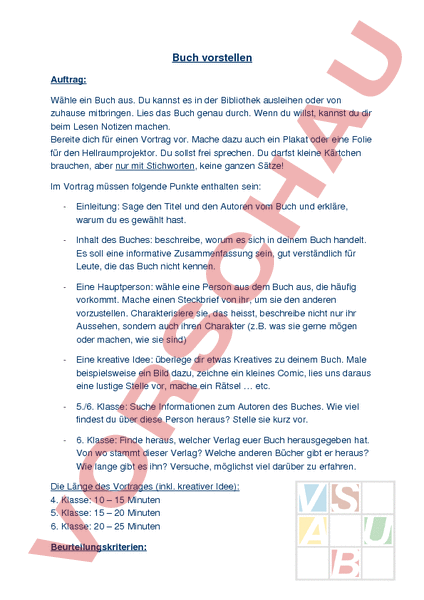 Arbeitsblatt: Buch vorstellen (Vortrag) - Deutsch - Vorlesen ...