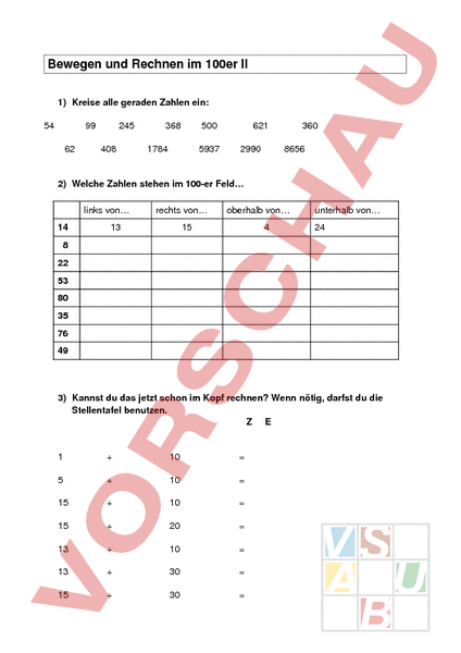 Arbeitsblatt: Bewegen und Rechnen im 100er - Mathematik - Zahlenbereiche