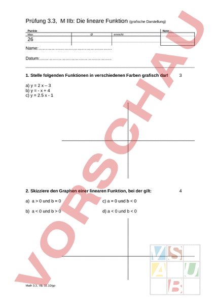 Arbeitsblatt: Prüfung: Lineare Funktionen - Mathematik - Anderes Thema