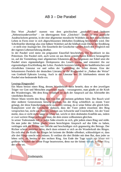 Arbeitsblatt: Parabel - Deutsch - Anderes Thema