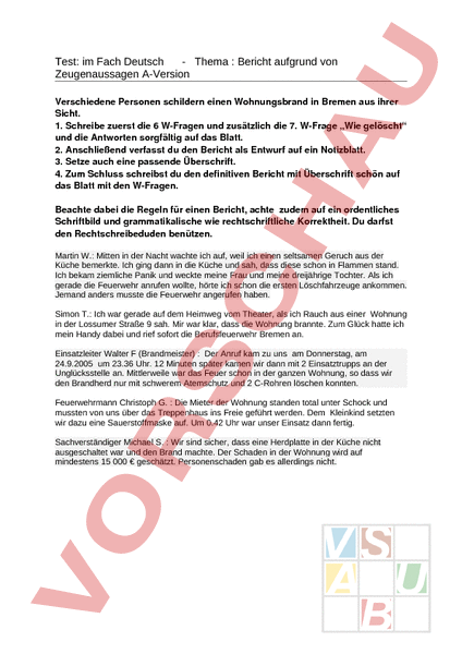 Arbeitsblatt: Test Bericht A-Version - Deutsch - Texte schreiben