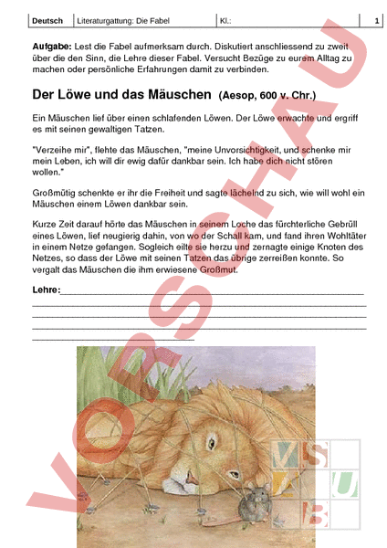 Arbeitsblatt: Fabel Maus und der Löwe - Deutsch - Anderes Thema