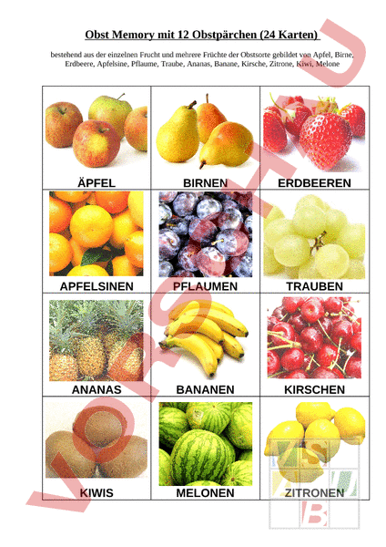 Arbeitsblatt: Obstmemory - Deutsch - Wortschatz