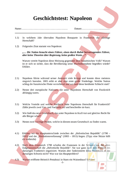 Arbeitsblatt: Test Napoleon - Geschichte - Neuzeit