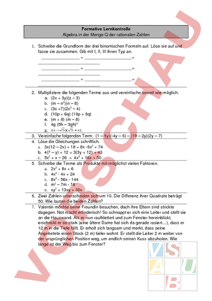 Arbeitsblatt: Algebra in der Menge Q - Mathematik - Algebra