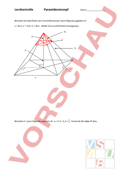 Arbeitsblatt: Pyramidenstumpf - Geometrie - Körper / Figuren