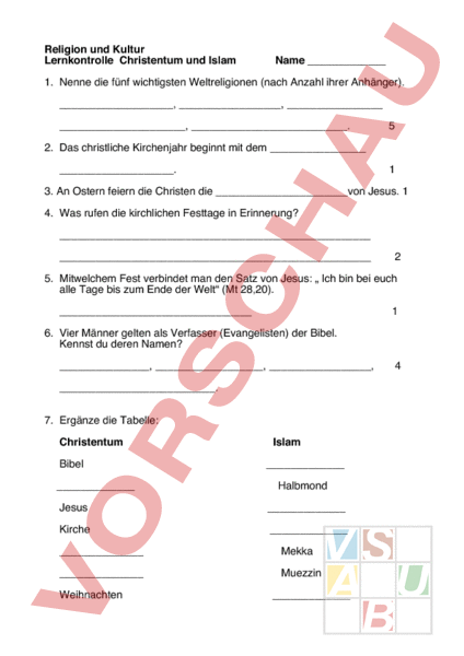 Arbeitsblatt: Religion - Lebenskunde - Religionslehre / Bibel