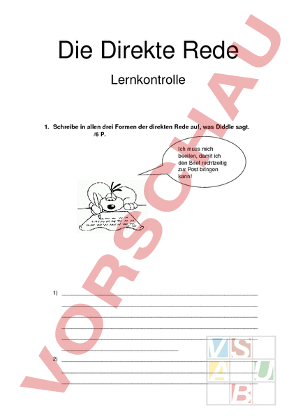 Arbeitsblatt: Lernkontrolle Direkte Rede - Deutsch - Grammatik