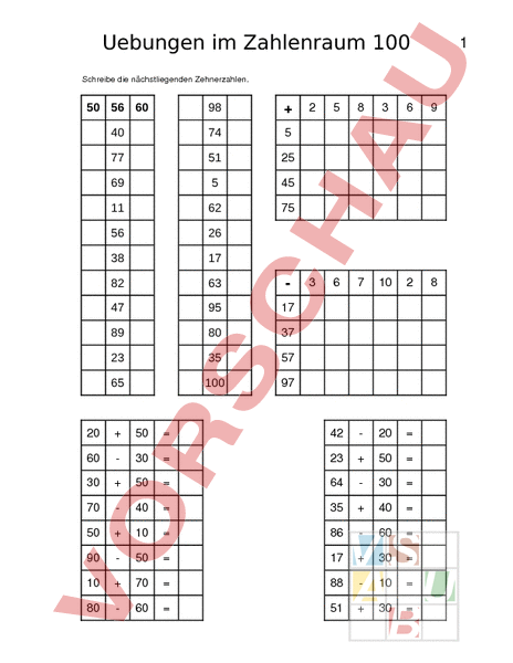 Arbeitsblatt: Zahlenraum 100 - Mathematik - Zahlenbereiche