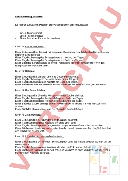 Arbeitsblatt: Balladen - Schreibauftrag - Deutsch - Texte schreiben