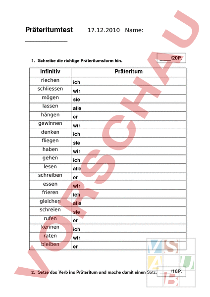 Arbeitsblatt: Prüfung Präteritum - Deutsch - Grammatik