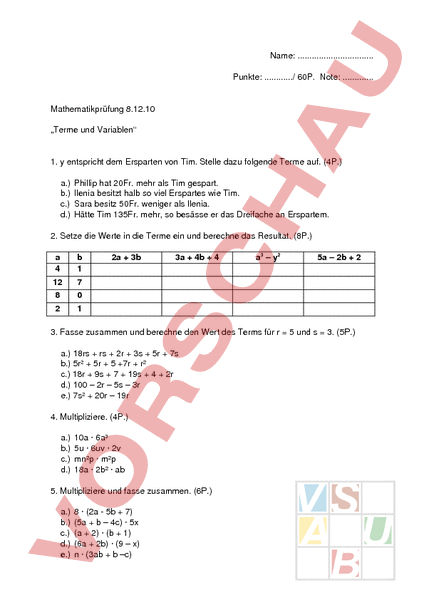 Arbeitsblatt: Terme und Variablen - Mathematik - Algebra