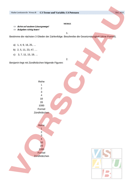 Arbeitsblatt: Terme und Variablen, Potenzen, Lernkontrolle - Mathematik ...