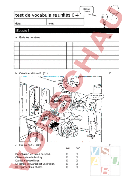 Arbeitsblatt: test unités 0-4 écoute et écris!, mit Lösung ...
