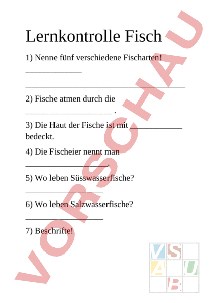 Arbeitsblatt: Lernkontrolle Fisch - Biologie - Tiere
