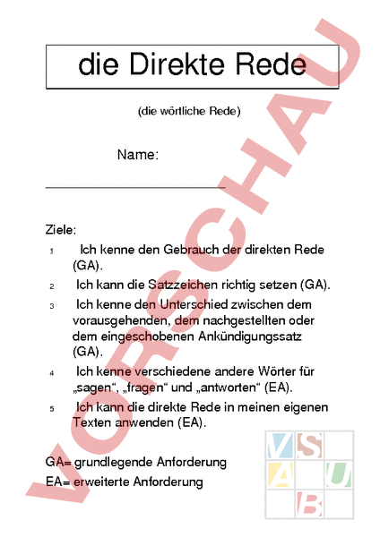 Arbeitsblatt: Direkte Rede Werkstatt - Deutsch - Grammatik