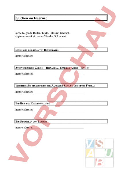 Arbeitsblatt: Internetadressen suchen - Informatik - Internet