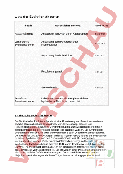 Arbeitsblatt: Evoltionstheoriern - Biologie - Evolution