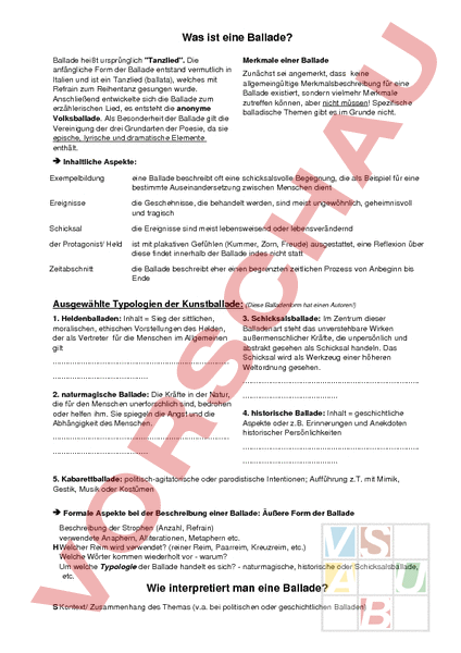 Arbeitsblatt: Balladen - Definition - Deutsch - Anderes Thema
