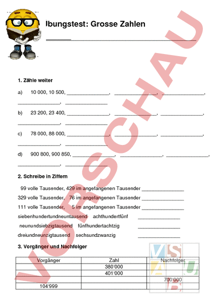 Arbeitsblatt: Übungstest: Grosse Zahlen - Mathematik - Zahlenbereiche