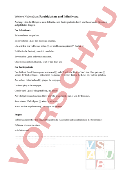 Arbeitsblatt: Grammatik:Partizipialsatz und Infinitivsatz - Deutsch ...