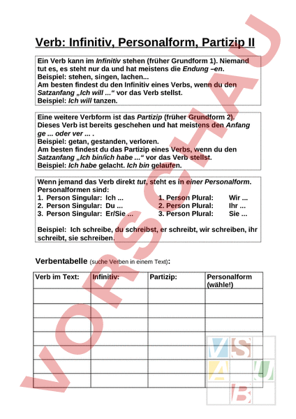 Arbeitsblatt: Verbformen - Deutsch - Grammatik