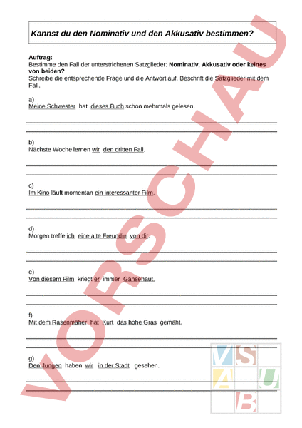 Arbeitsblatt: Vier Fälle: Nominativ oder Akkusativ - Deutsch - Grammatik