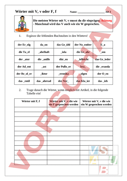 Arbeitsblatt: Wörter mit v oder f - Deutsch - Rechtschreibung