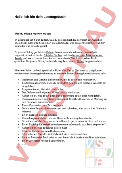 Arbeitsblatt: Lesetagebuch - Deutsch - Leseförderung / Literatur