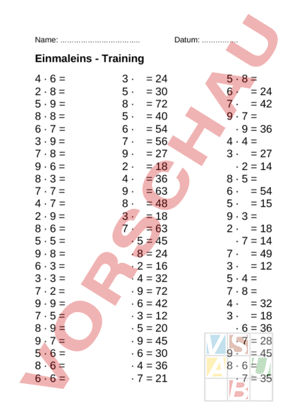 Arbeitsblatt: 1 x 1 Training - Mathematik - Multiplikation