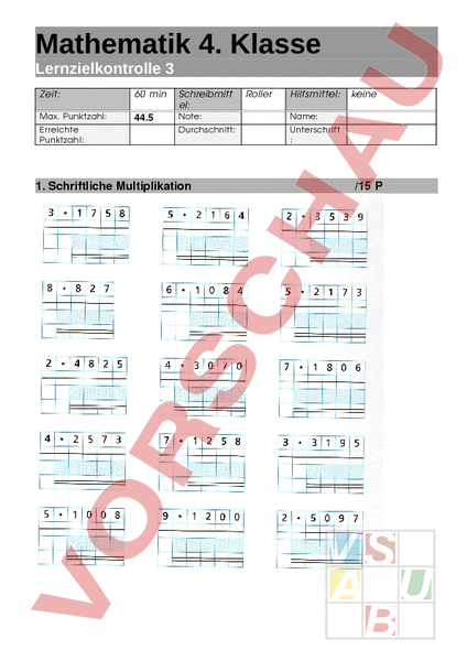 Arbeitsblatt: Mathetest - Mathematik - Multiplikation