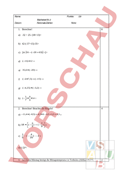 Arbeitsblatt: Mathetest - Mathematik - Algebra