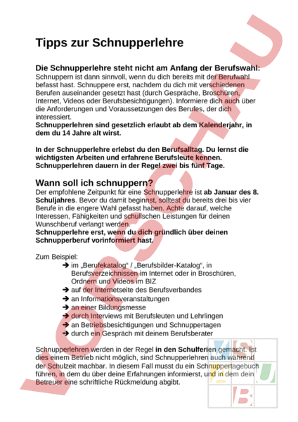 Arbeitsblatt: Tipps zur Schnupperlehre - Lebenskunde - Berufswahl