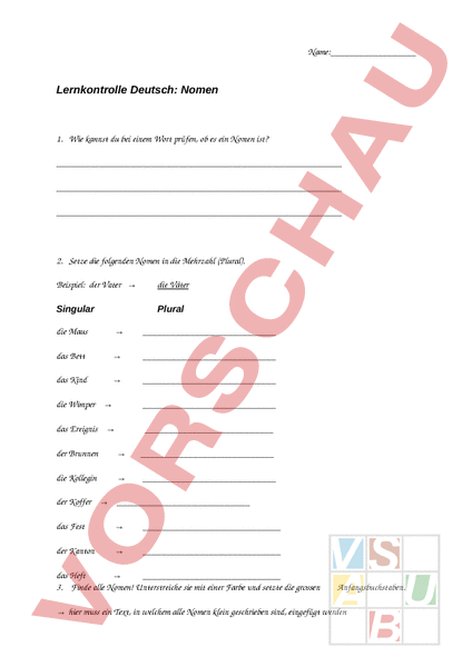 Arbeitsblatt: Lernkontrolle Nomen - Deutsch - Grammatik