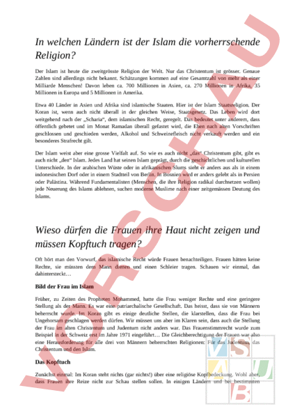 Arbeitsblatt: Fragen und Antworten zum Islam - Lebenskunde ...