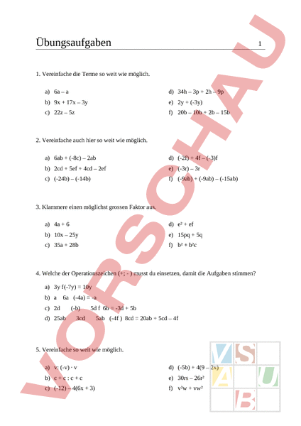 Arbeitsblatt: Terme - Mathematik - Algebra
