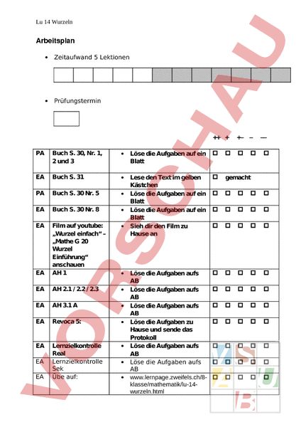 Arbeitsblatt: Arbeitsplan LU 14 - Mathematik - Anderes Thema Arbeitsblatt: Arbeitsplan LU 14 - Mathematik - Anderes Thema