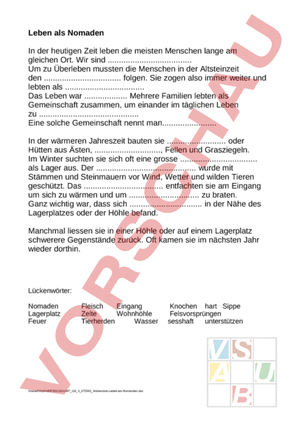 Arbeitsblatt: Altsteinzeit: Leben als Nomanden - Geschichte - Urzeit