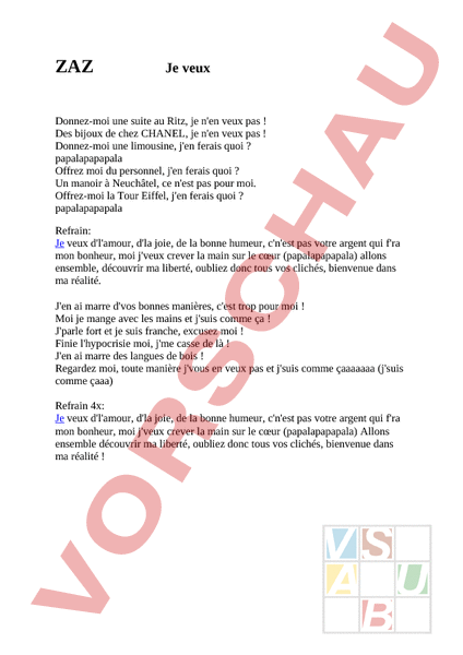 Arbeitsblatt: Song Je veux von ZAZ - Französisch - Gemischte Themen