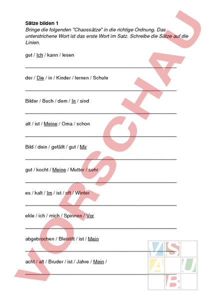 Arbeitsblatt: Sätze bilden - Deutsch - Grammatik